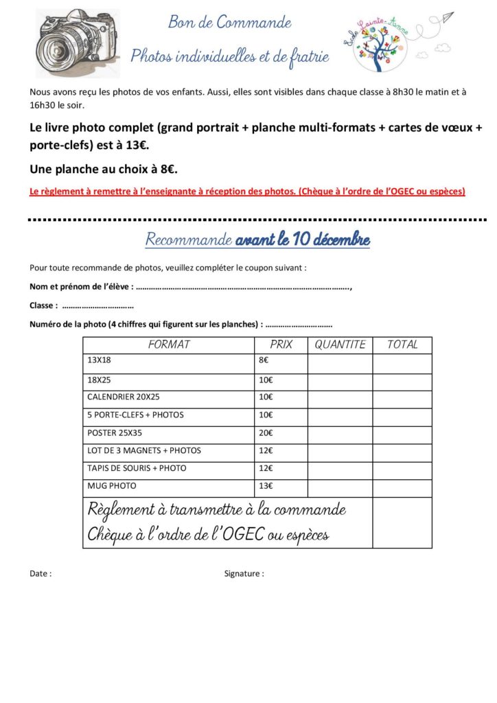 Commande photos – Ecole Sainte Anne